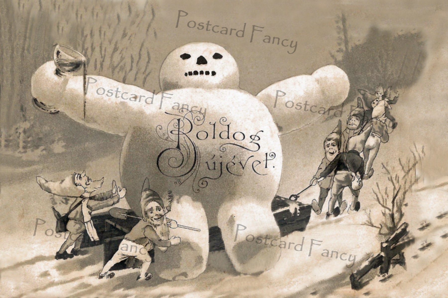 Fun Tipsy Giant Snowman with Drink and Elves Instant DIGITAL | Etsy