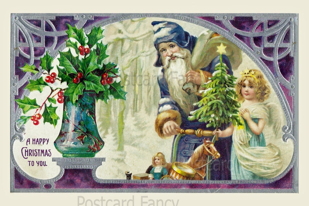 Purple SANTA CLAUS, Angel and Christmas Tree, Instant DIGITAL Download ...