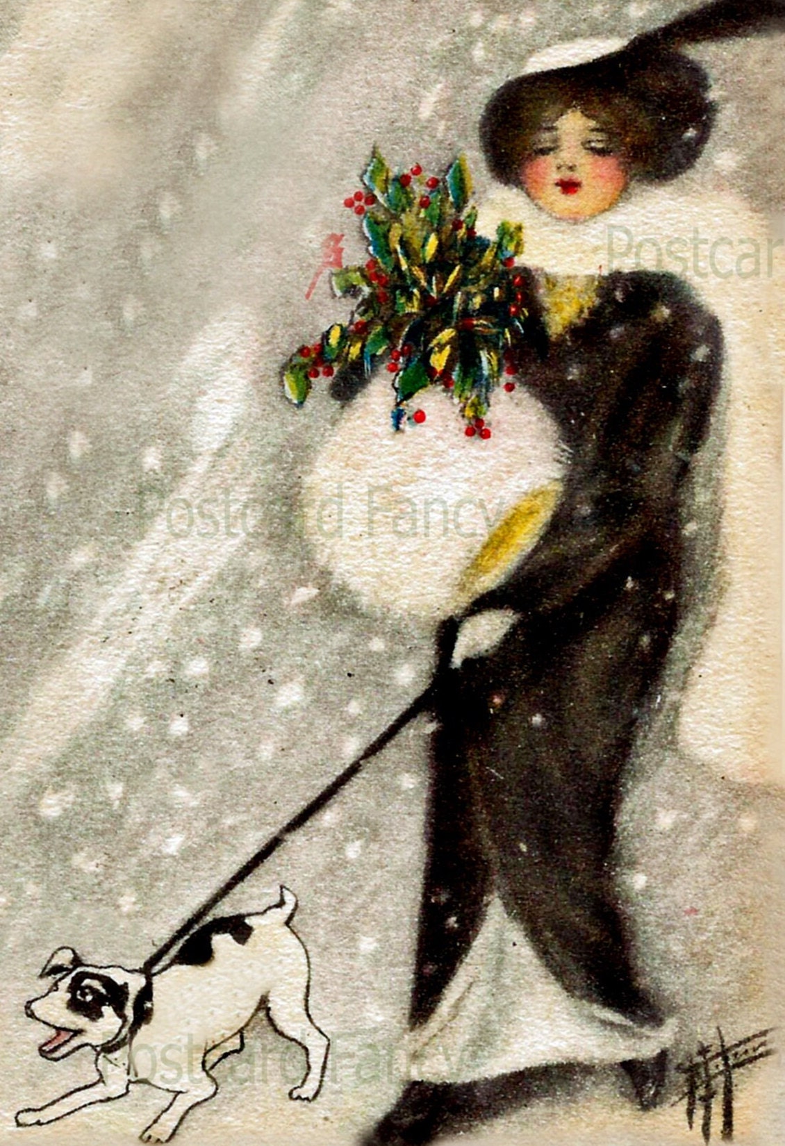 ART DECO Pretty Winter Lady Walking Dog in Snow, Instant DIGITAL ...