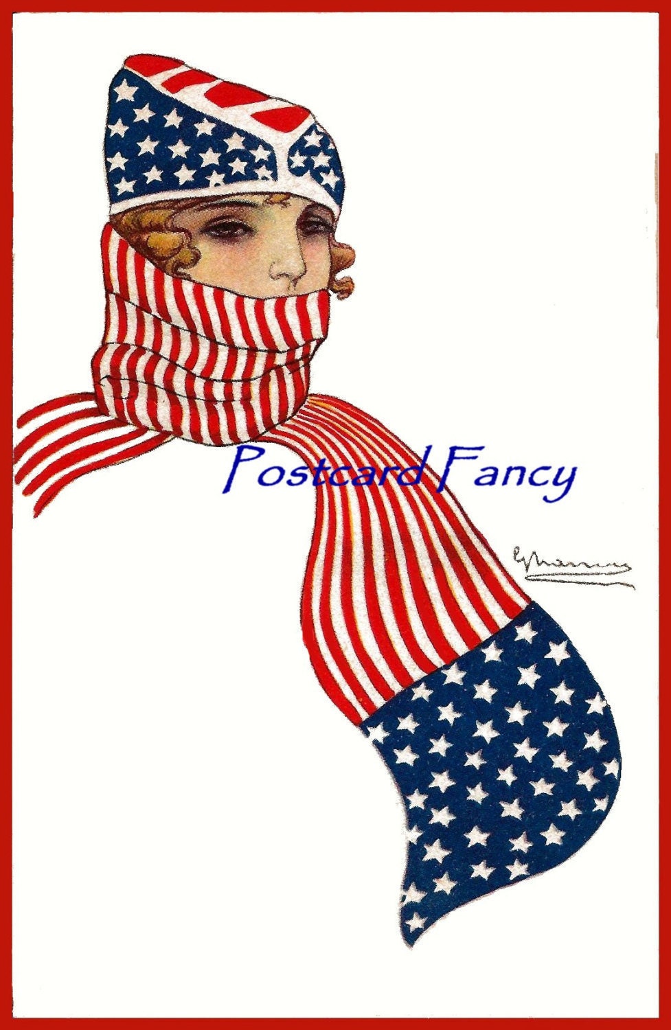 American FLAG Lady, Digital Vintage Postcard, Art Deco Patriotic Image ...