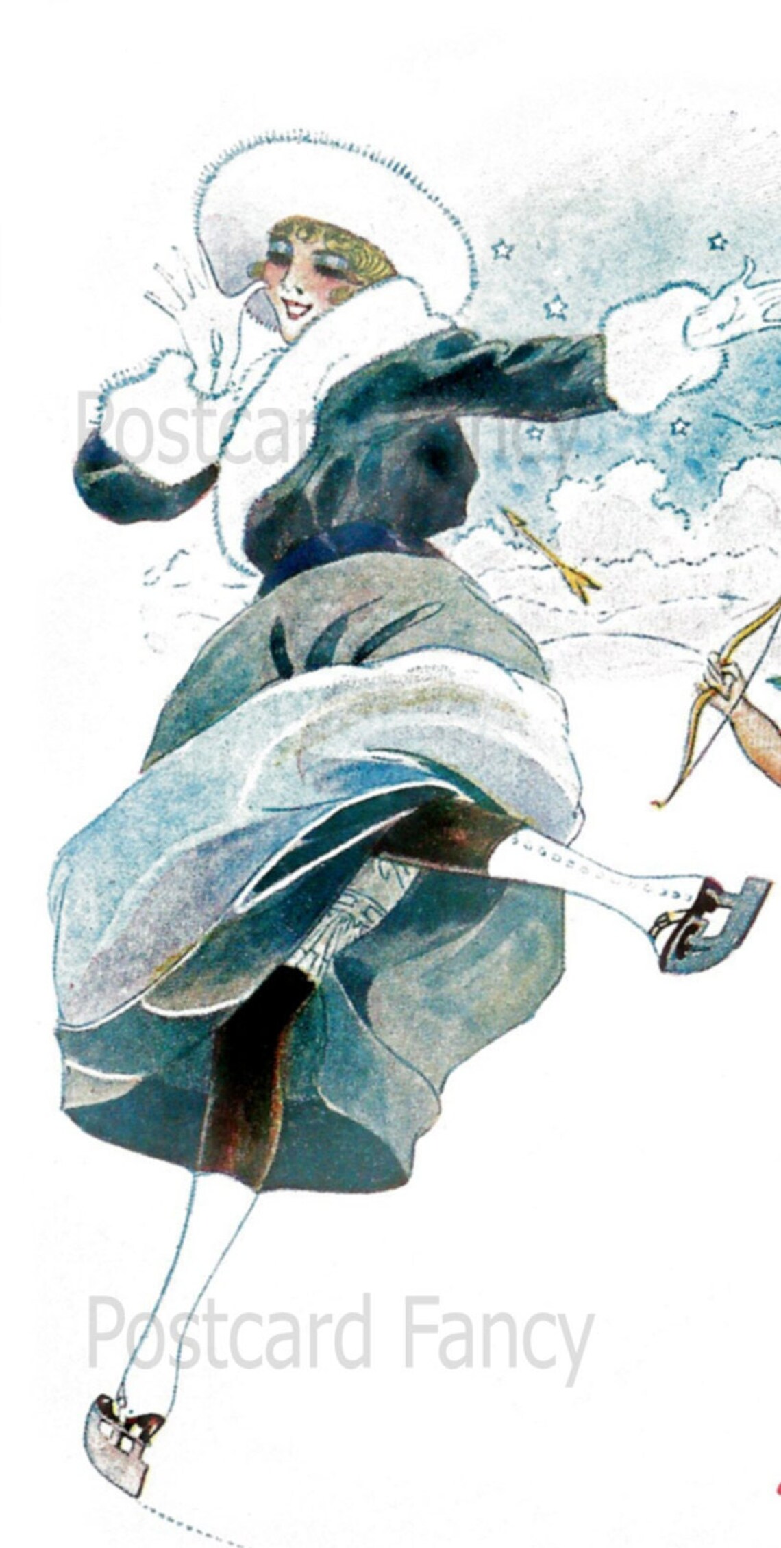 FUN Art Deco Girl Ice Skating With Cupid Vintage Postcard - Etsy