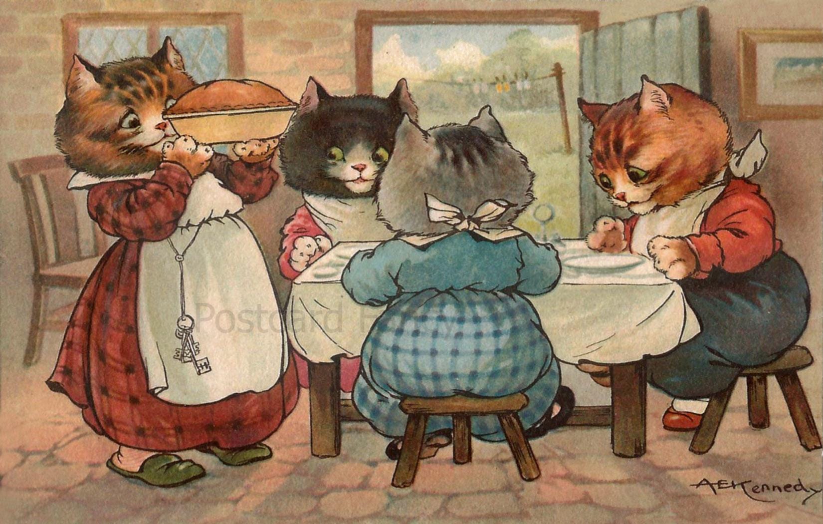 Precious Kitty Cats Eating Pie and Dinner, Instant DIGITAL DOWNLOAD ...