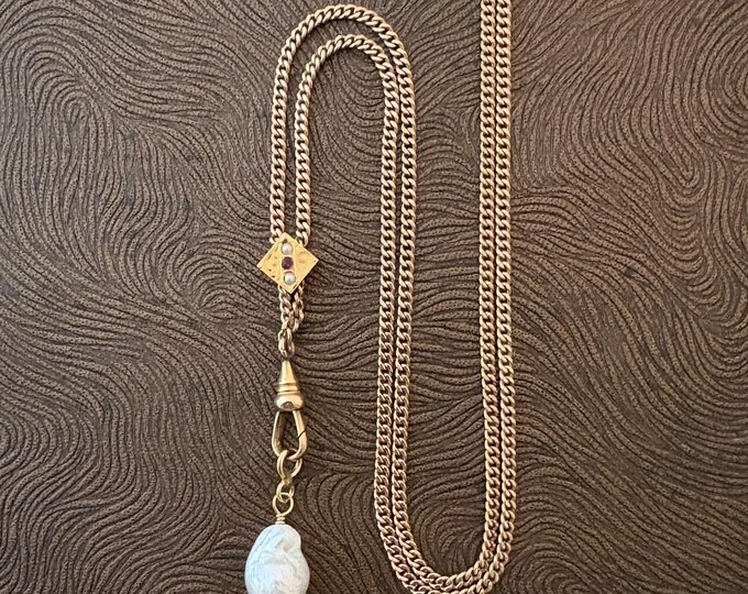 Antique Ruby Red Paste & Pearl Slide Chain Necklace, Original Dog Clip ...