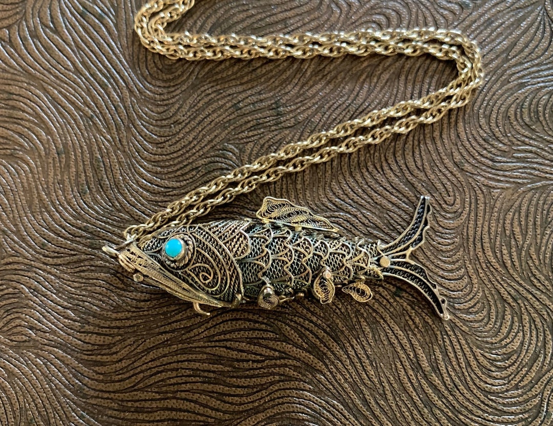 Vintage to Antique Gilt Silver Chinese Export Articulated Filigree Fish ...