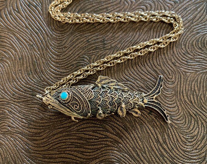 Vintage to Antique Gilt Silver Chinese Export Articulated Filigree Fish ...