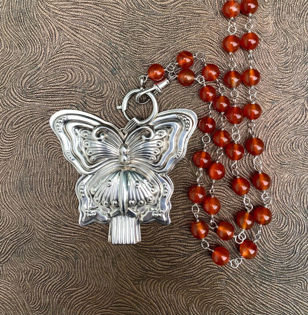 Large Vintage 1970s Sterling Silver Butterfly Whistle Necklace, Orange ...