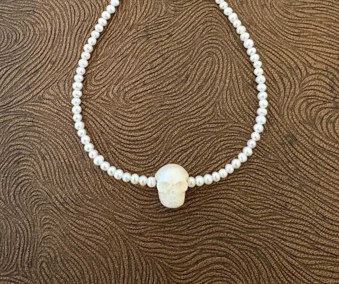 White Freshwater Carved Pearl Skull Necklace, Layering, Stacking ...