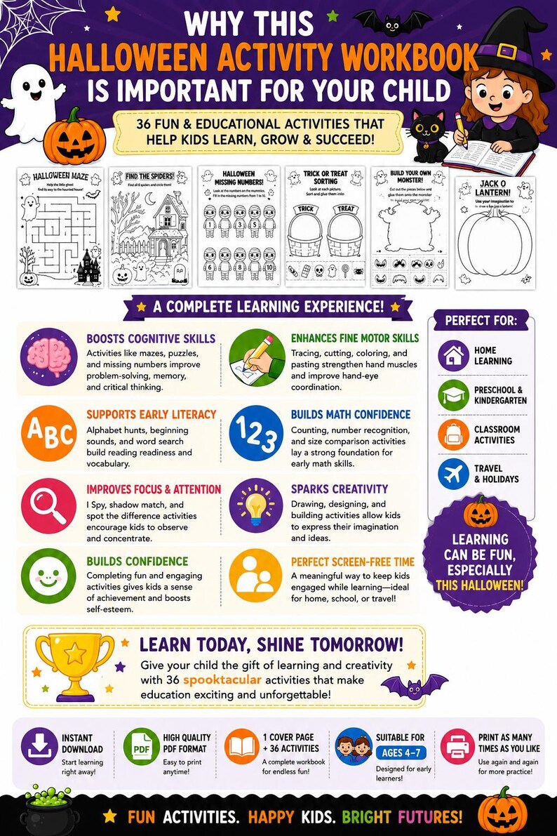 Halloween Activity Workbook for Kids | 36 Printable Preschool ...