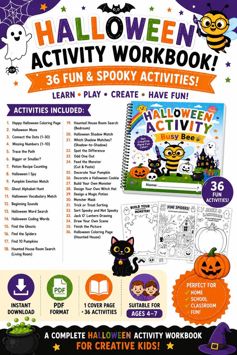 Halloween Activity Workbook for Kids | 36 Printable Preschool ...
