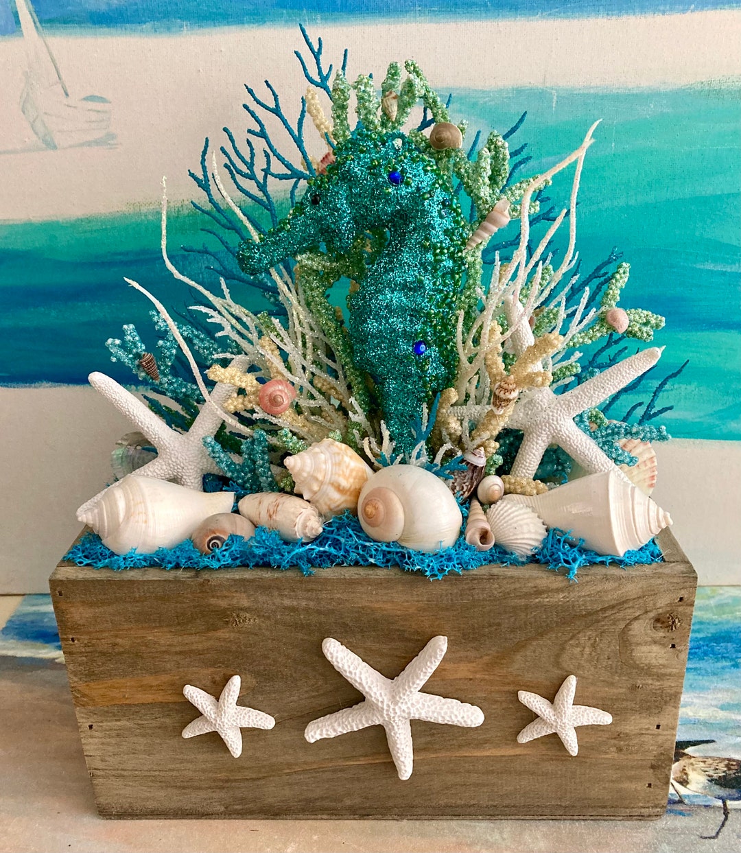 Coastal Seashell Arrangement Seahorse Starfish Centerpiece Blue Coral ...