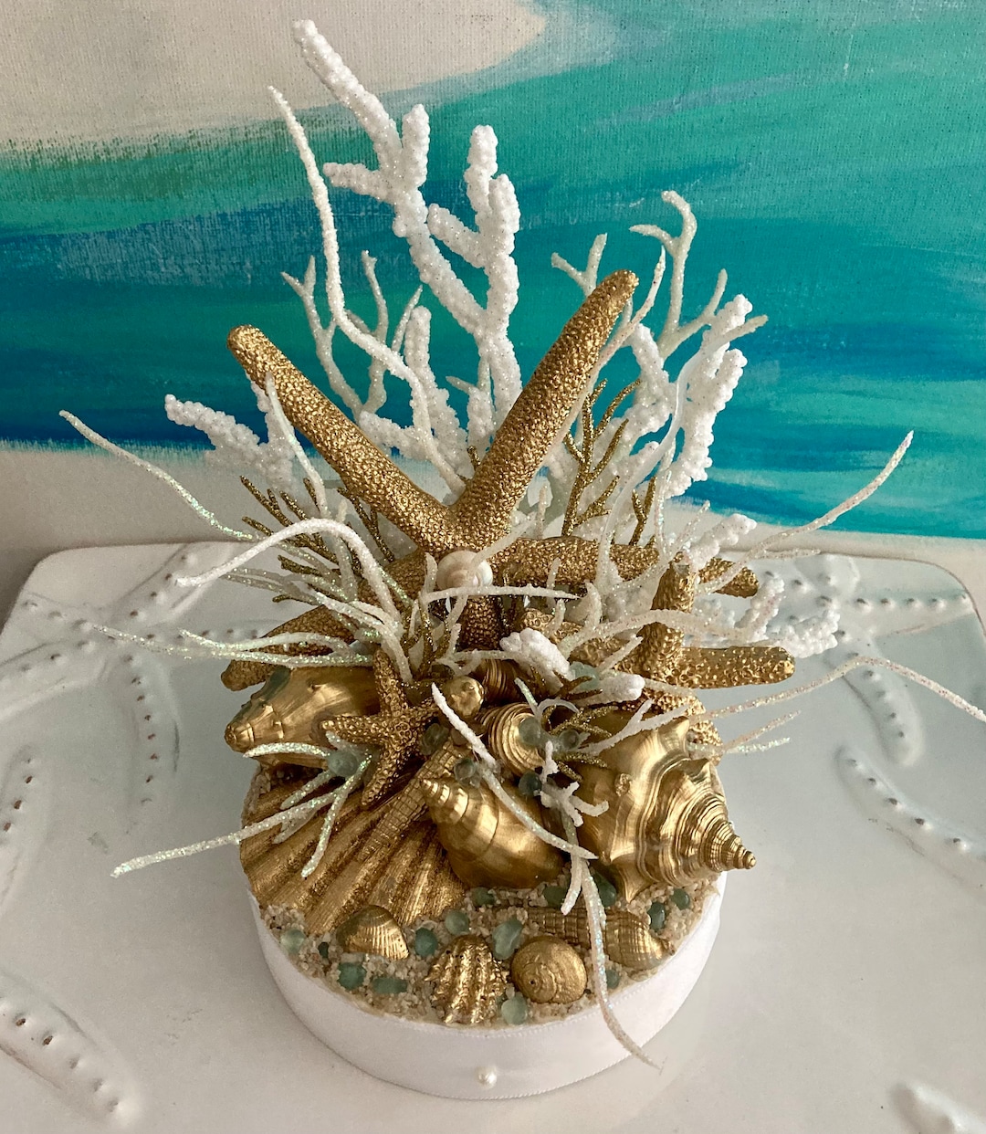 Gold Seashell Beach Wedding Cake Topper ~~ Coral Wedding Cake Topper ...