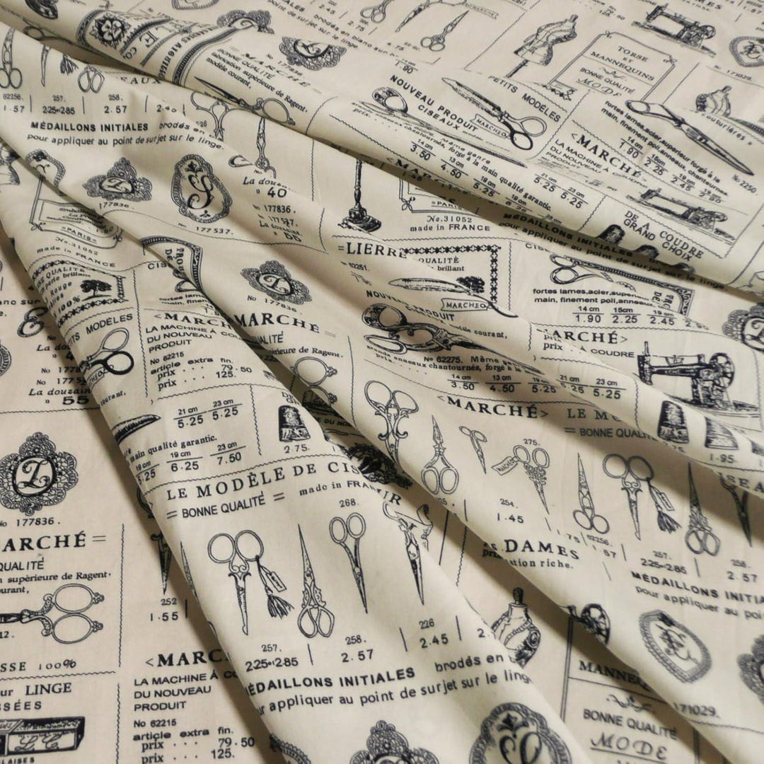 Vintage Style Sewing Theme Print on 100% Cotton Poplin Fabric - Cream ...