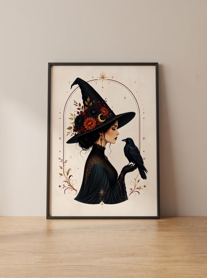 Witch Wall Art, Raven Portrait, Gothic Floral Halloween Printable ...