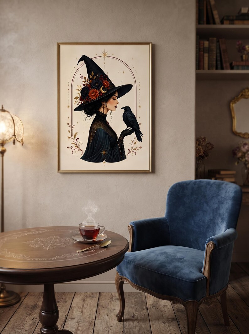 Witch Wall Art, Raven Portrait, Gothic Floral Halloween Printable ...