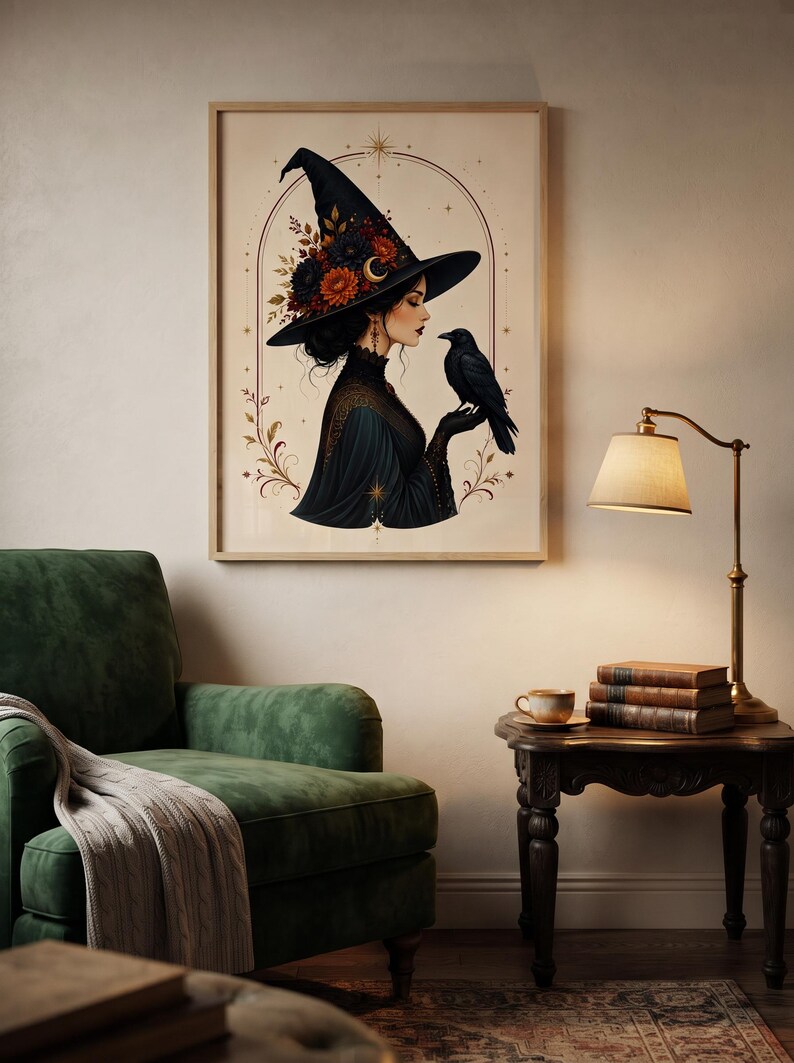 Witch Wall Art, Raven Portrait, Gothic Floral Halloween Printable ...