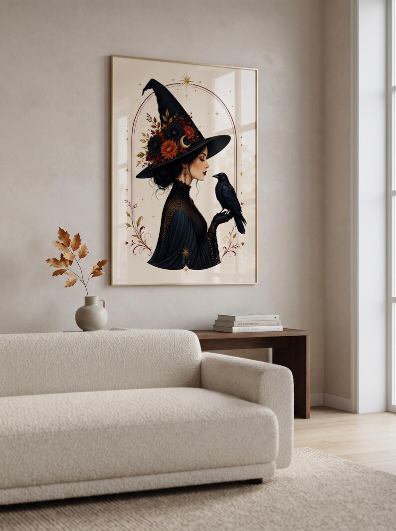 Witch Wall Art, Raven Portrait, Gothic Floral Halloween Printable ...