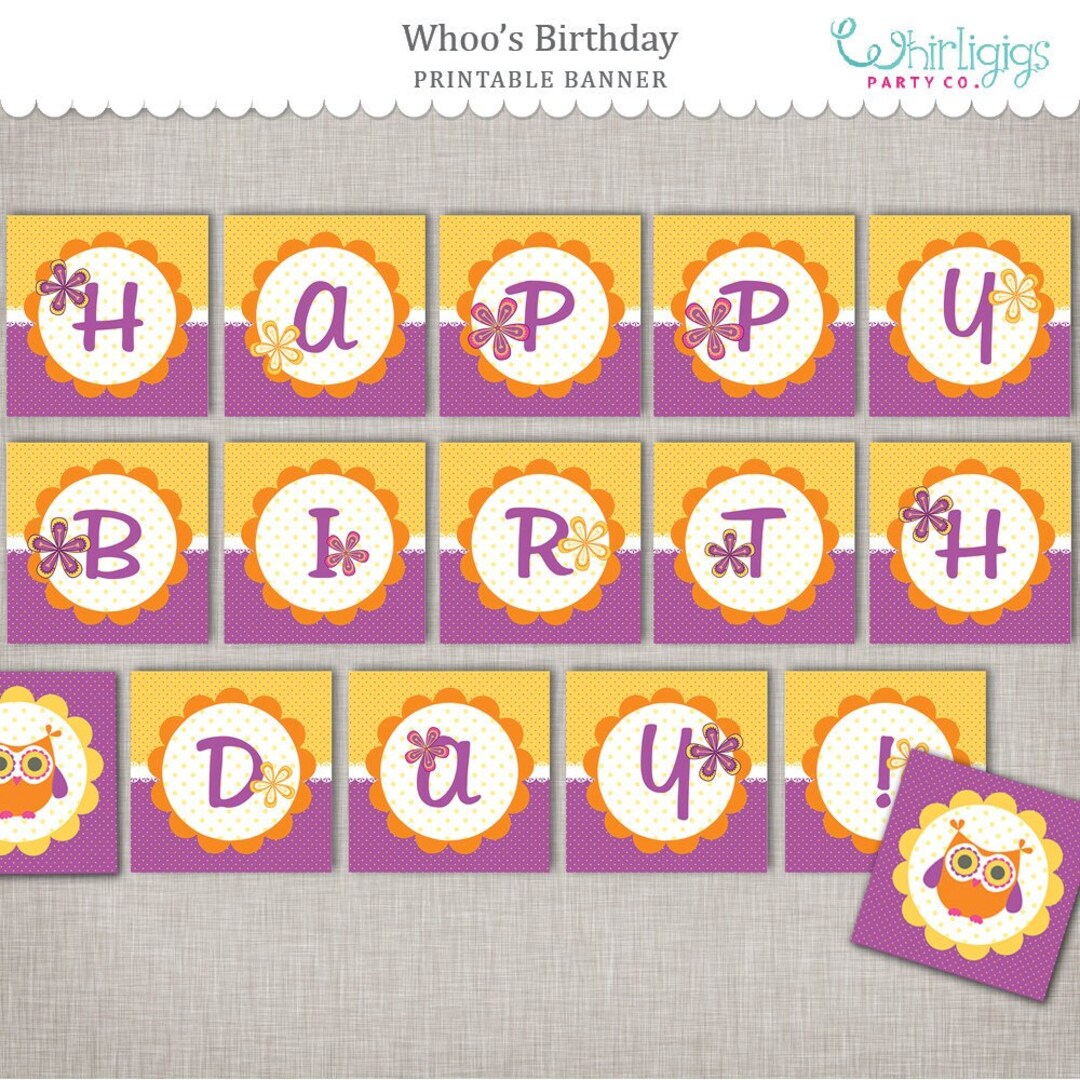 Owl Birthday Banner - Instant Download Happy Birthday in Orange and ...