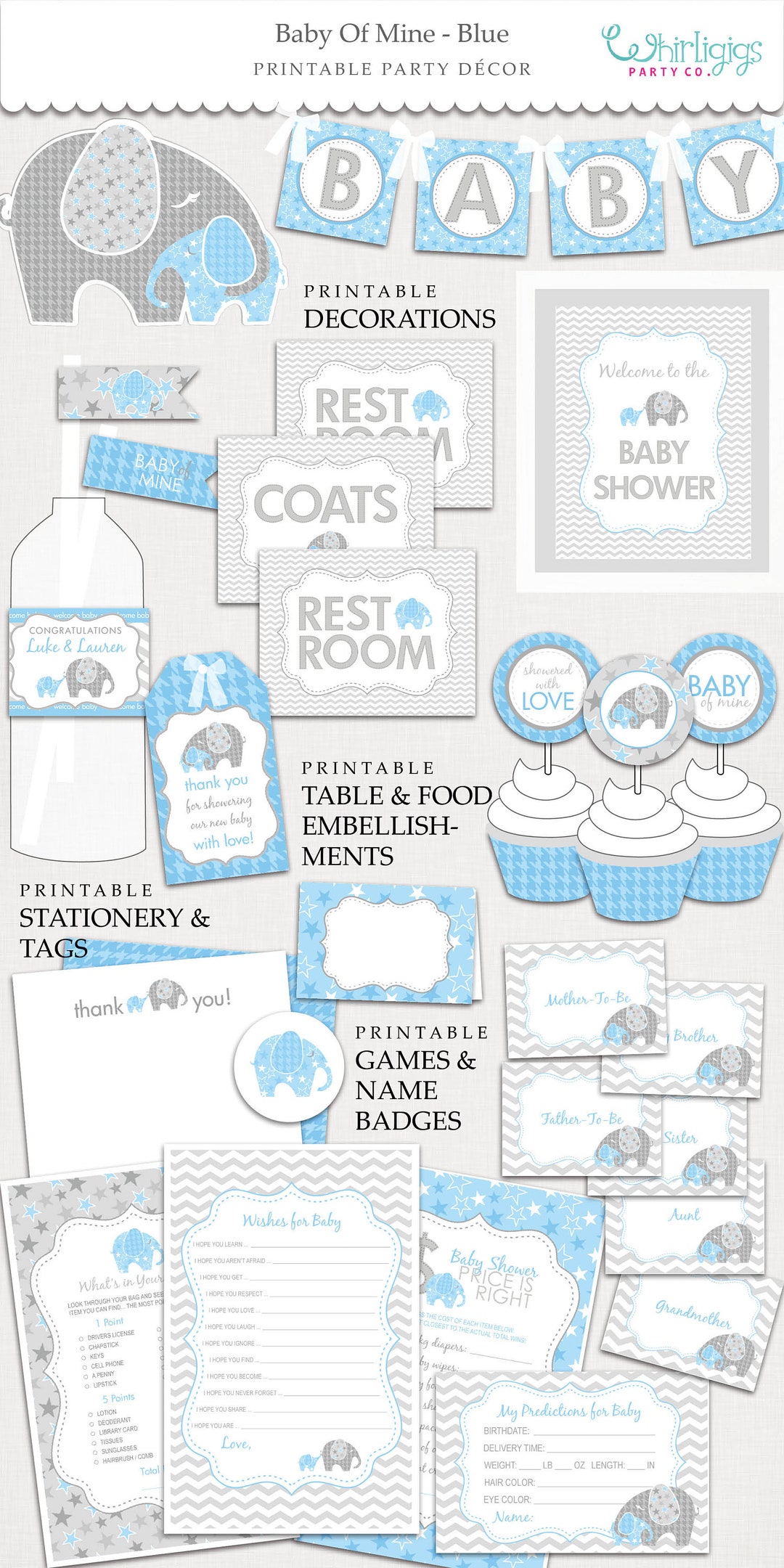 Elephant Baby Shower Decorations in Blue, Boy Baby Shower, DIY ...