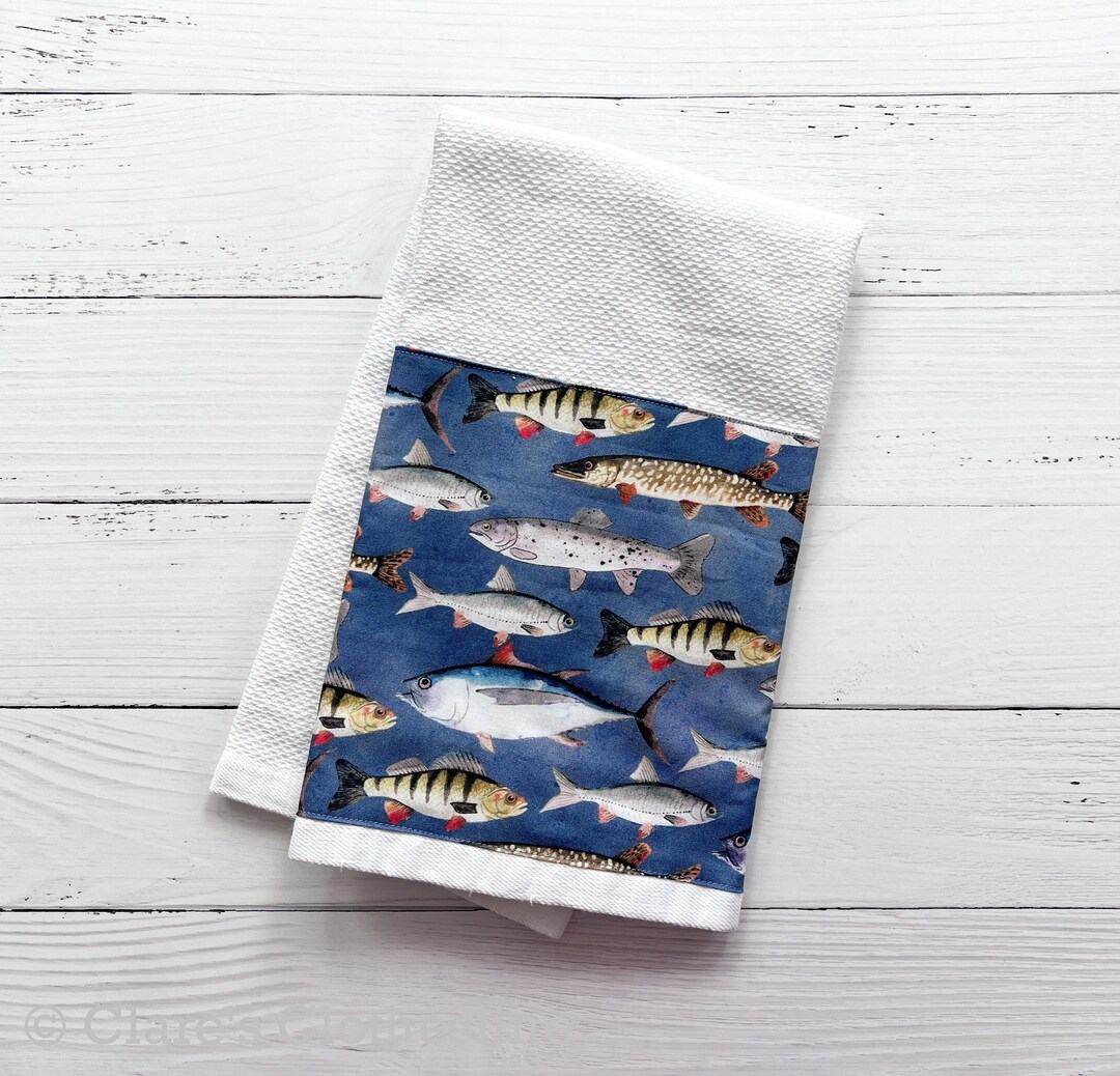 Blue Fish Hand Towel | Blue and Gray Fishing Dish Towel | Kitchen or ...
