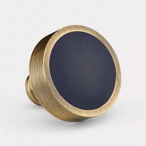 Solid Brass Cupboard Door Knobs With A Leather Cowhide Insert in Antique Aged Brass Gold Finish ...