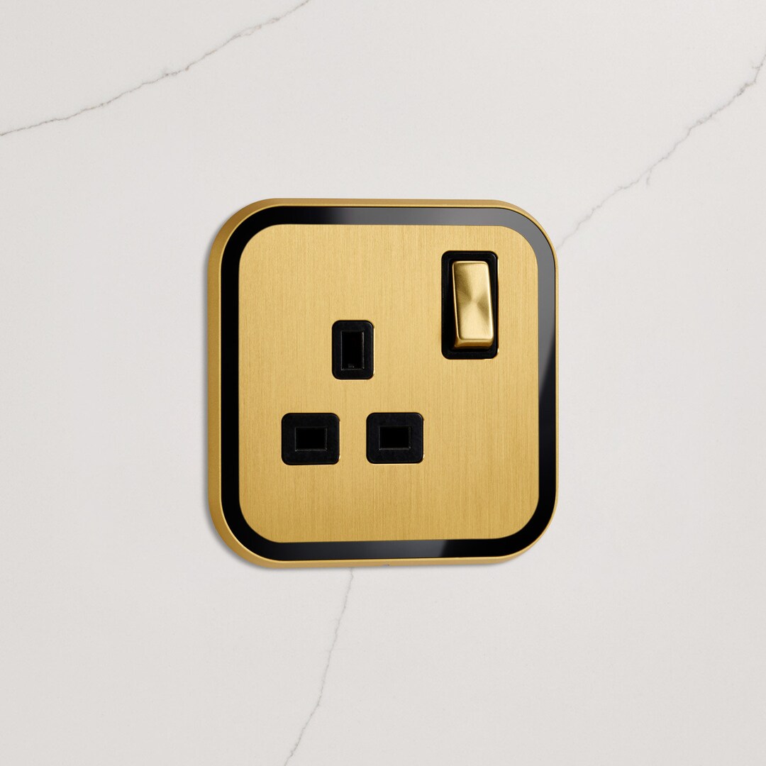 UK Single Double Plug Socket (13A) Gold With Black Gloss Insert ...