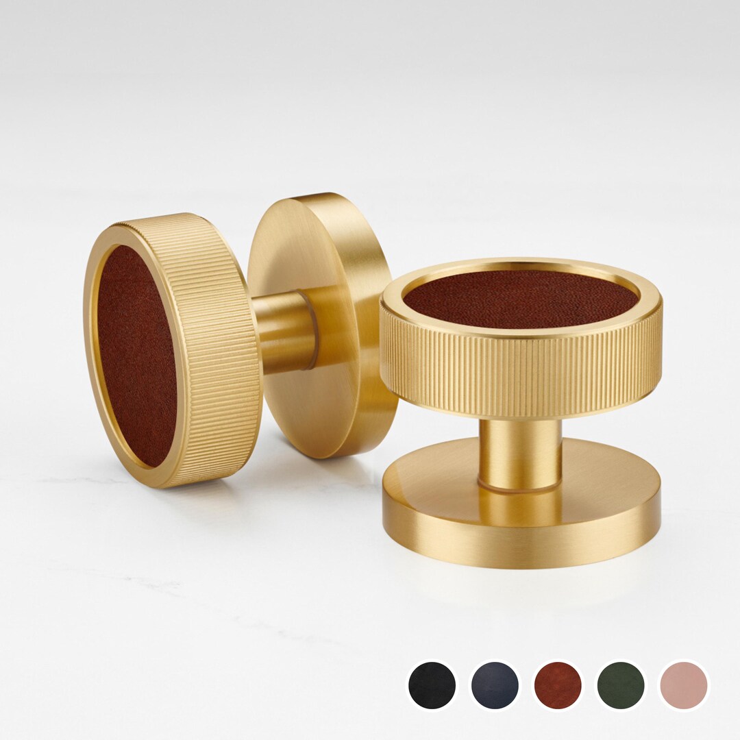 Pair of Brass Mortice Round Door Knobs With Leather Insert | Gold ...