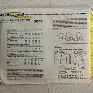 Vintage 1959 SIMPLICITY Sewing Pattern 5079 Misses' Button Down Blouse ...