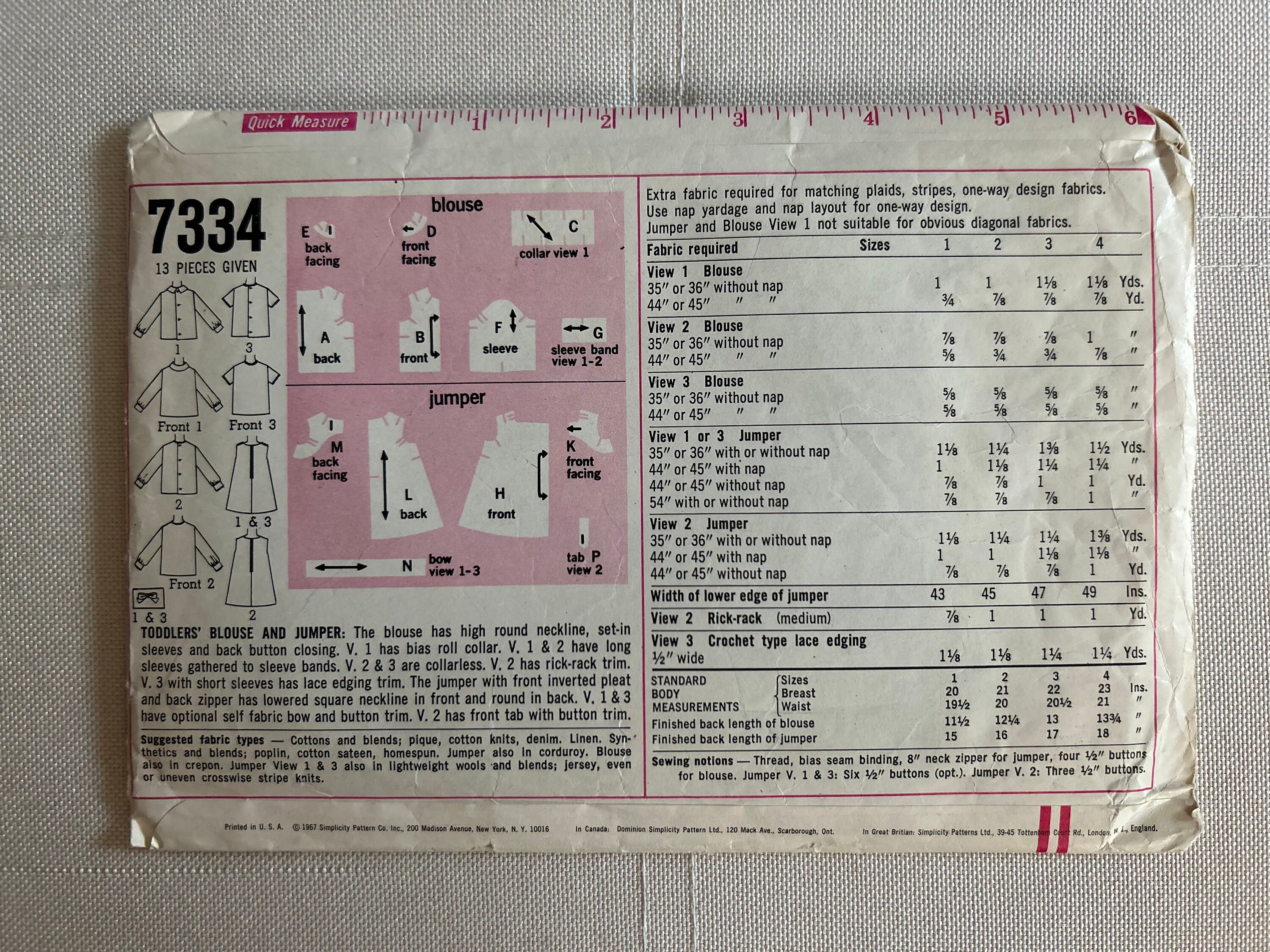 Vintage 1967 Simplicity Sewing Pattern 7334 Toddler's Long or Short ...