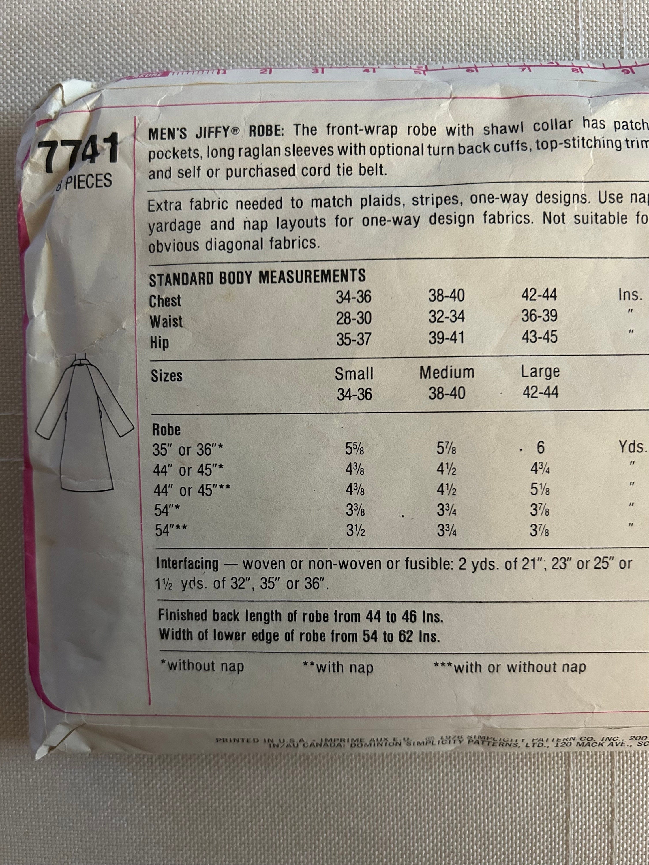 Vintage 1976 Simplicity Sewing Pattern 7741 Mens Jiffy Robe Size Large ...
