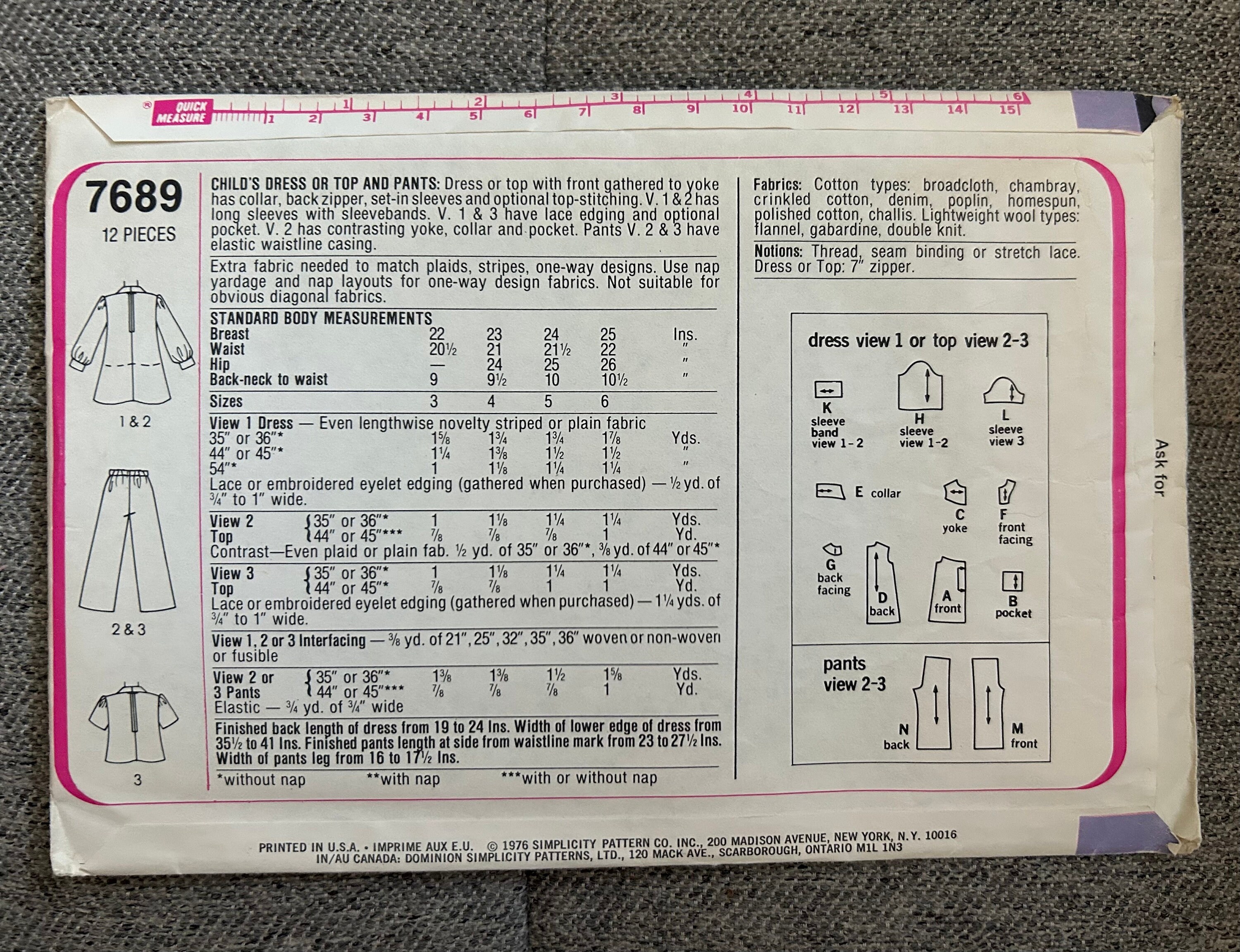 Vintage 1976 Simplicity Sewing Pattern 7689 Childs Dress or Top & Bell ...