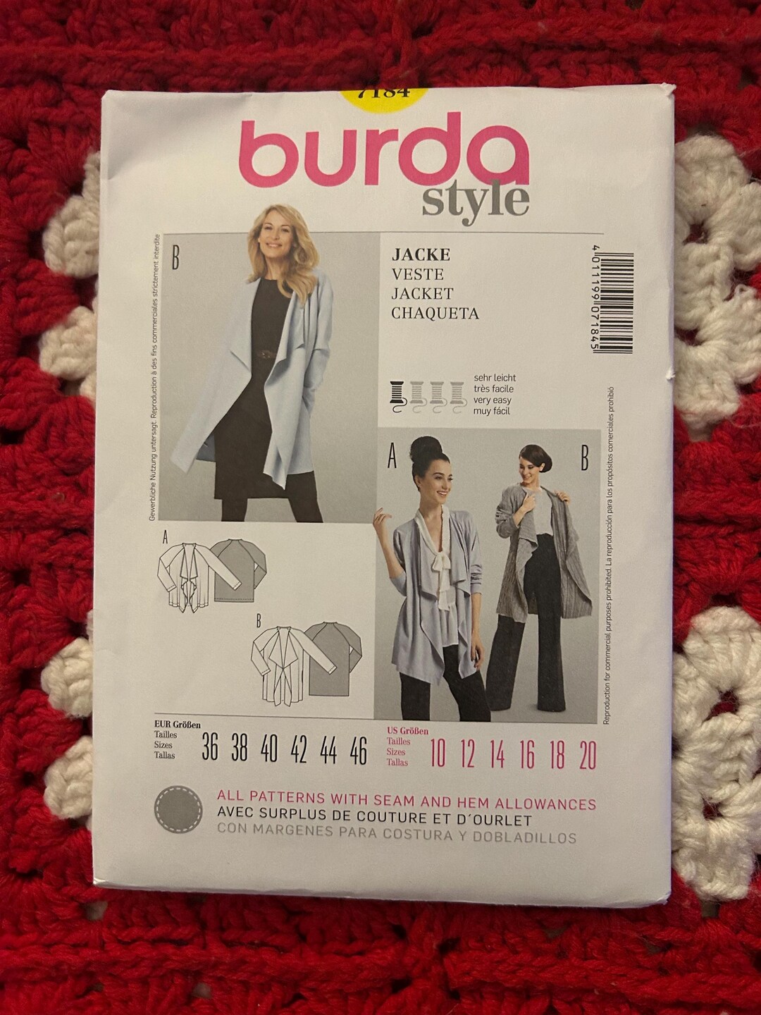 Burda Style Sewing Pattern 7184 Misses' Loose Fitting Cardigan in 2 ...