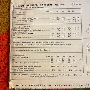 Vintage 1953 Mccall's Pattern #9637 Misses' Sleeveless Party Dress in 2 ...