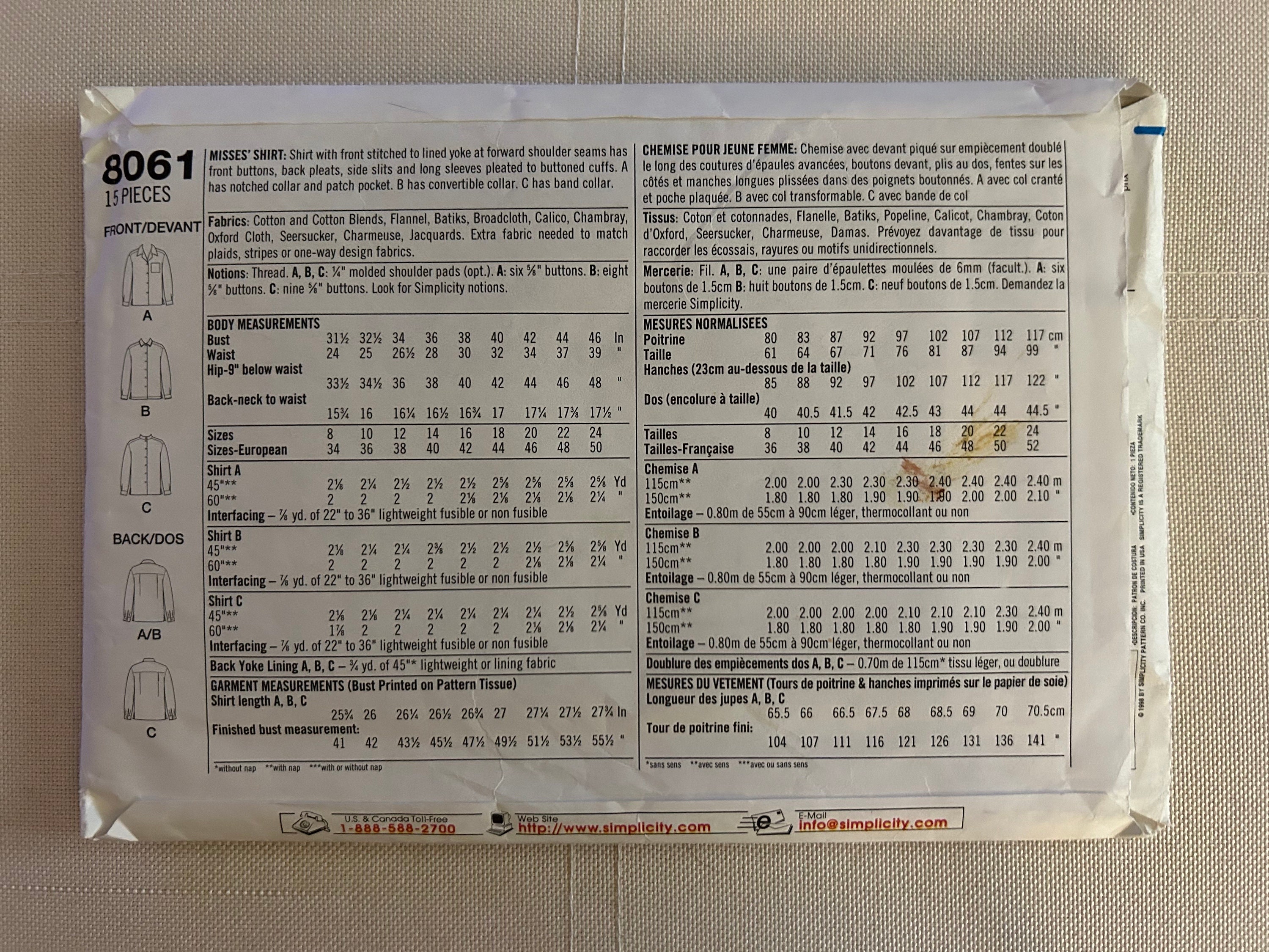 Vintage 1998 Simplicity Pattern 8061 Misses' Button-down Shirt Size 14 ...