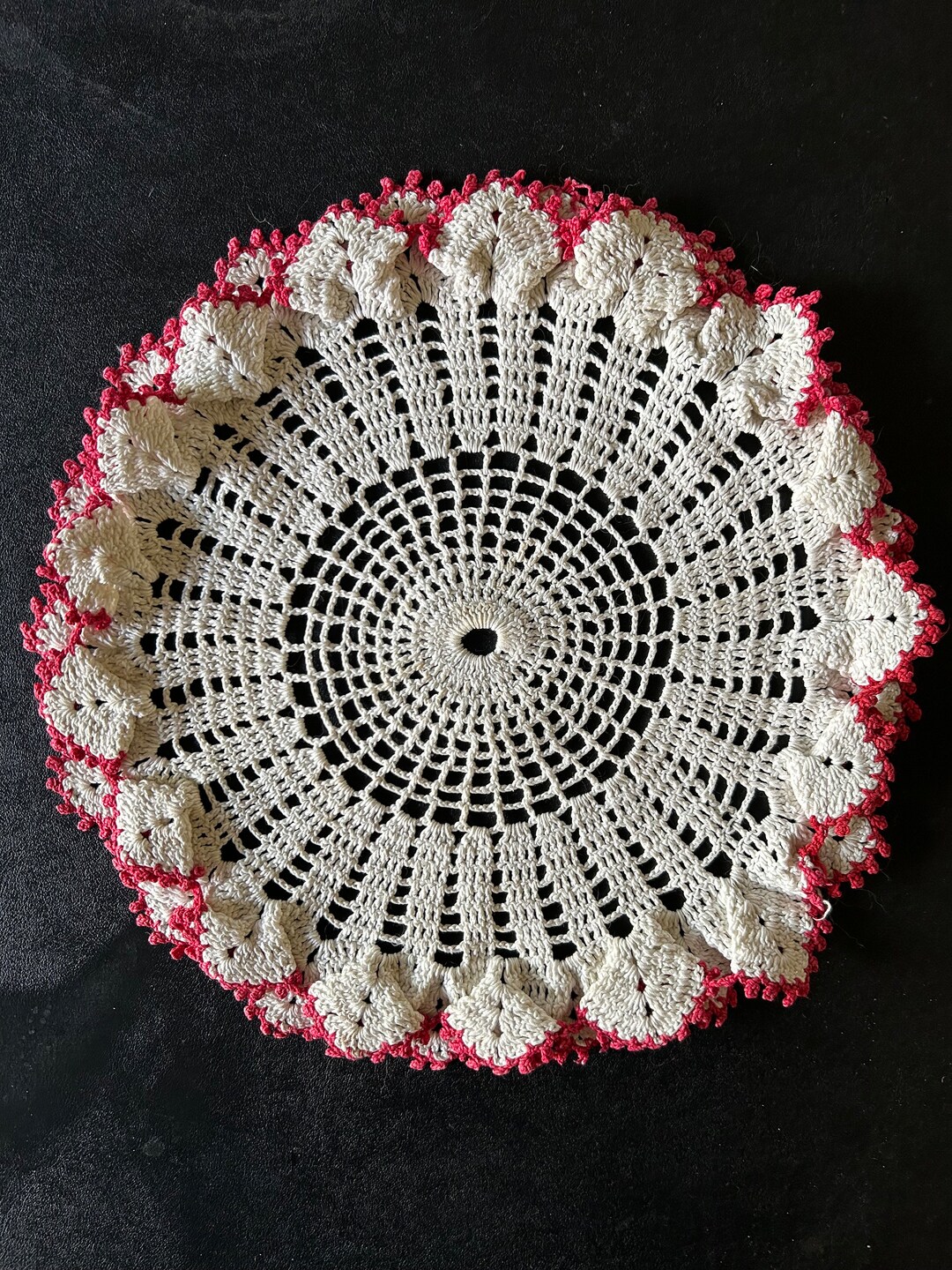 Vintage 1950's Hand Crocheted Round Red and White Doily With Double ...