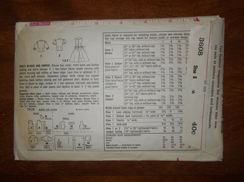 1960 Simplicity Sewing Pattern # 3608 Girls' Puffy Sleeve Blouse & Full ...