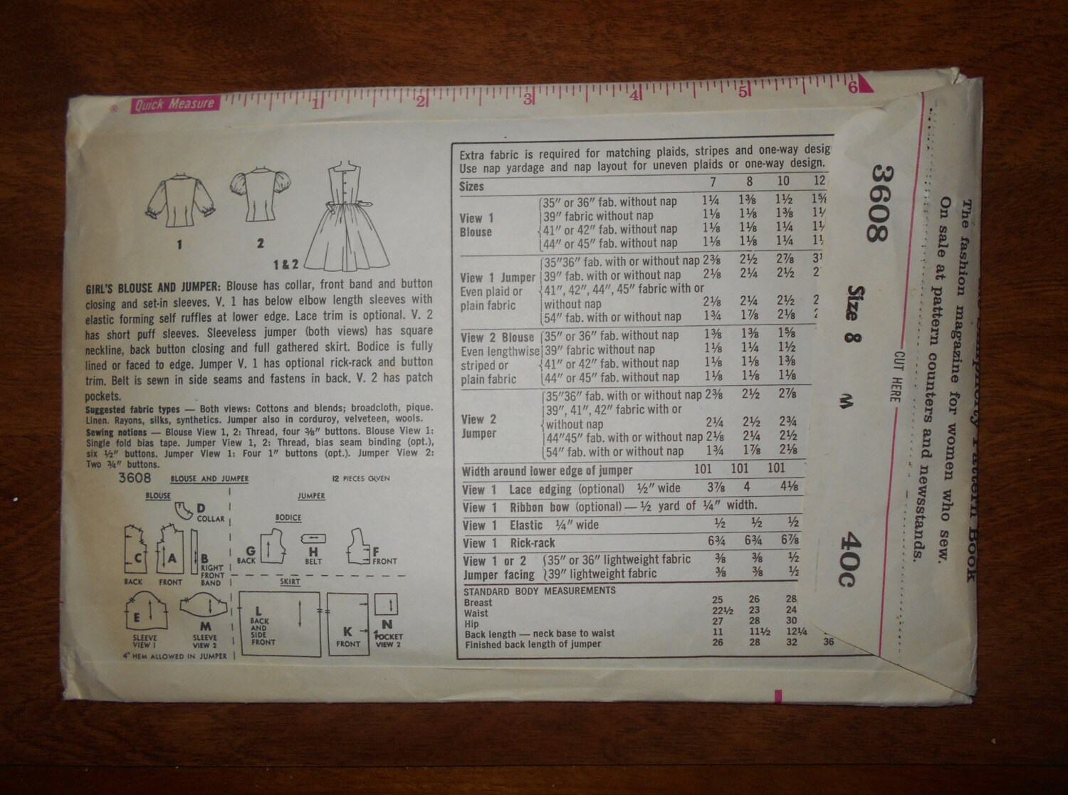 1960 Simplicity Sewing Pattern # 3608 Girls' Puffy Sleeve Blouse & Full ...