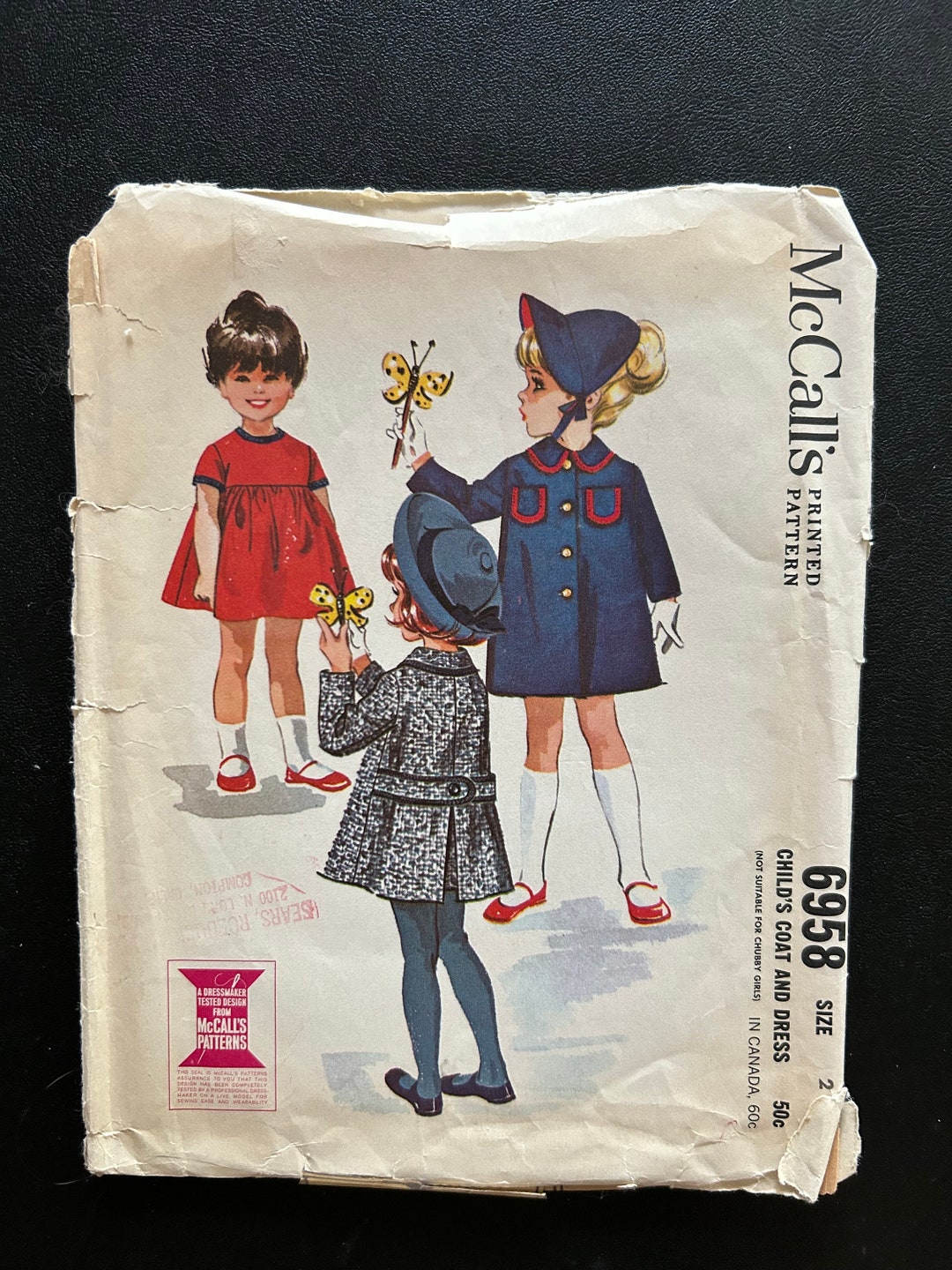 Vintage 1950's Mccall's Sewing Pattern 6958 Child's Coat & Dress Size 2 ...