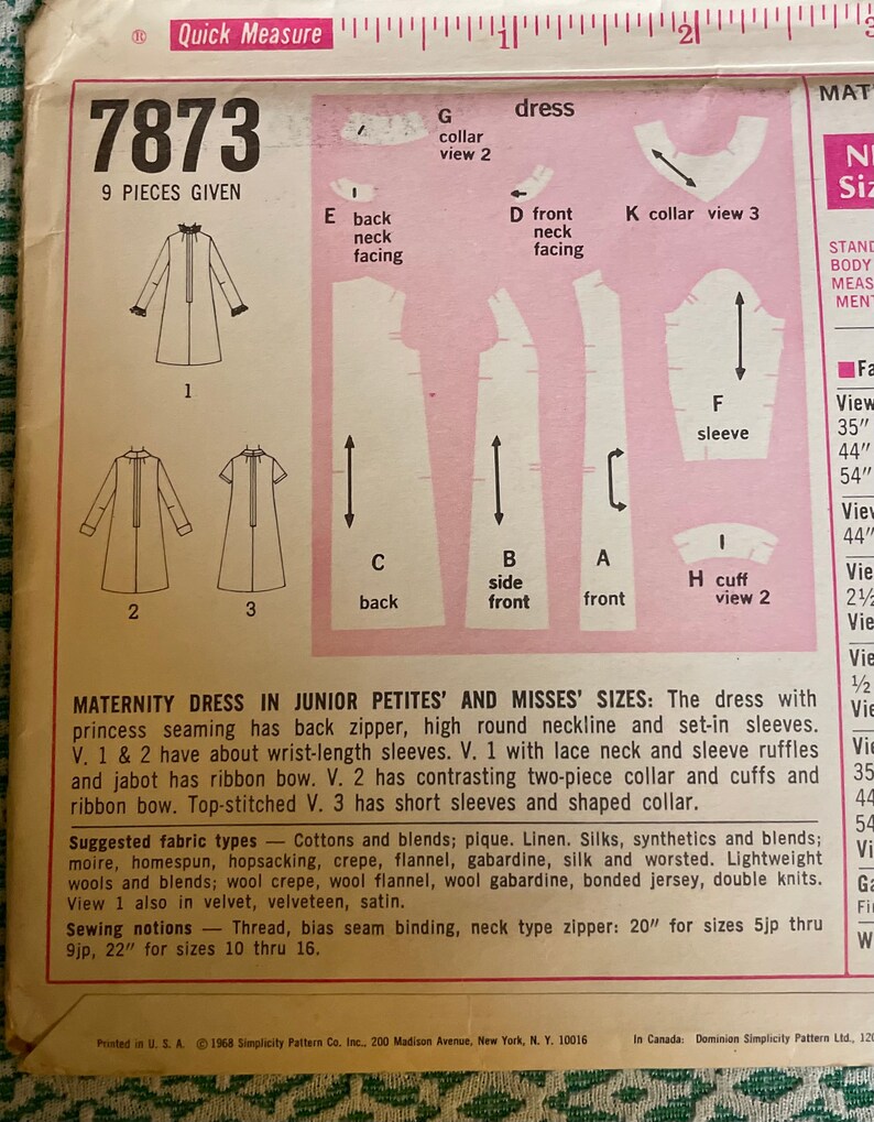 Vintage 1968 Simplicity Sewing Pattern 7873 Junior Petites' Maternity ...