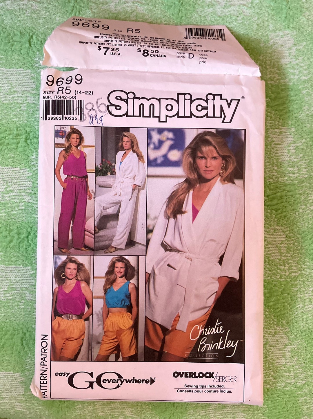Vintage 1990 Simplicity CHRISTIE BRINKLEY Easy Go Everywhere Sewing Pattern 9699 Misses' Pants ...