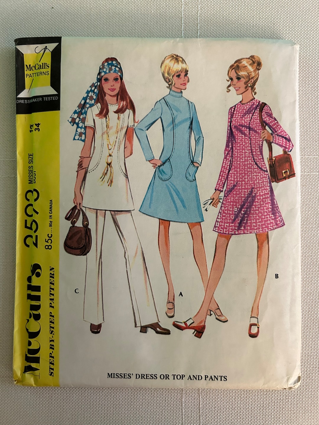 Vintage 1970 Mccall’s Sewing Pattern 2593 Misses’ Dress or Top & Side ...