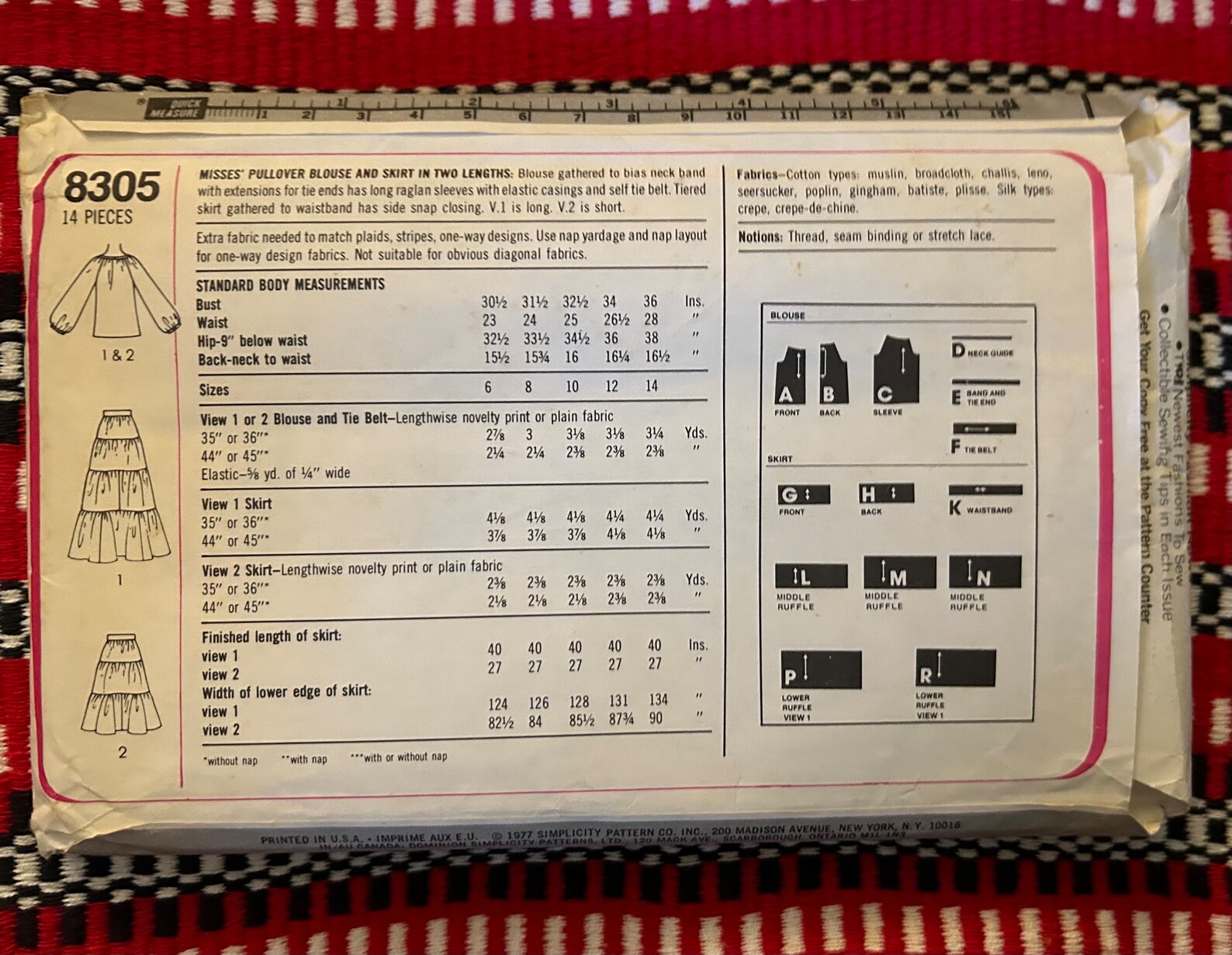 Vintage 1977 Simplicity Sewing Pattern 8305 Misses' Pullover Blouse & Skirt in 2 Lengths Midi or ...