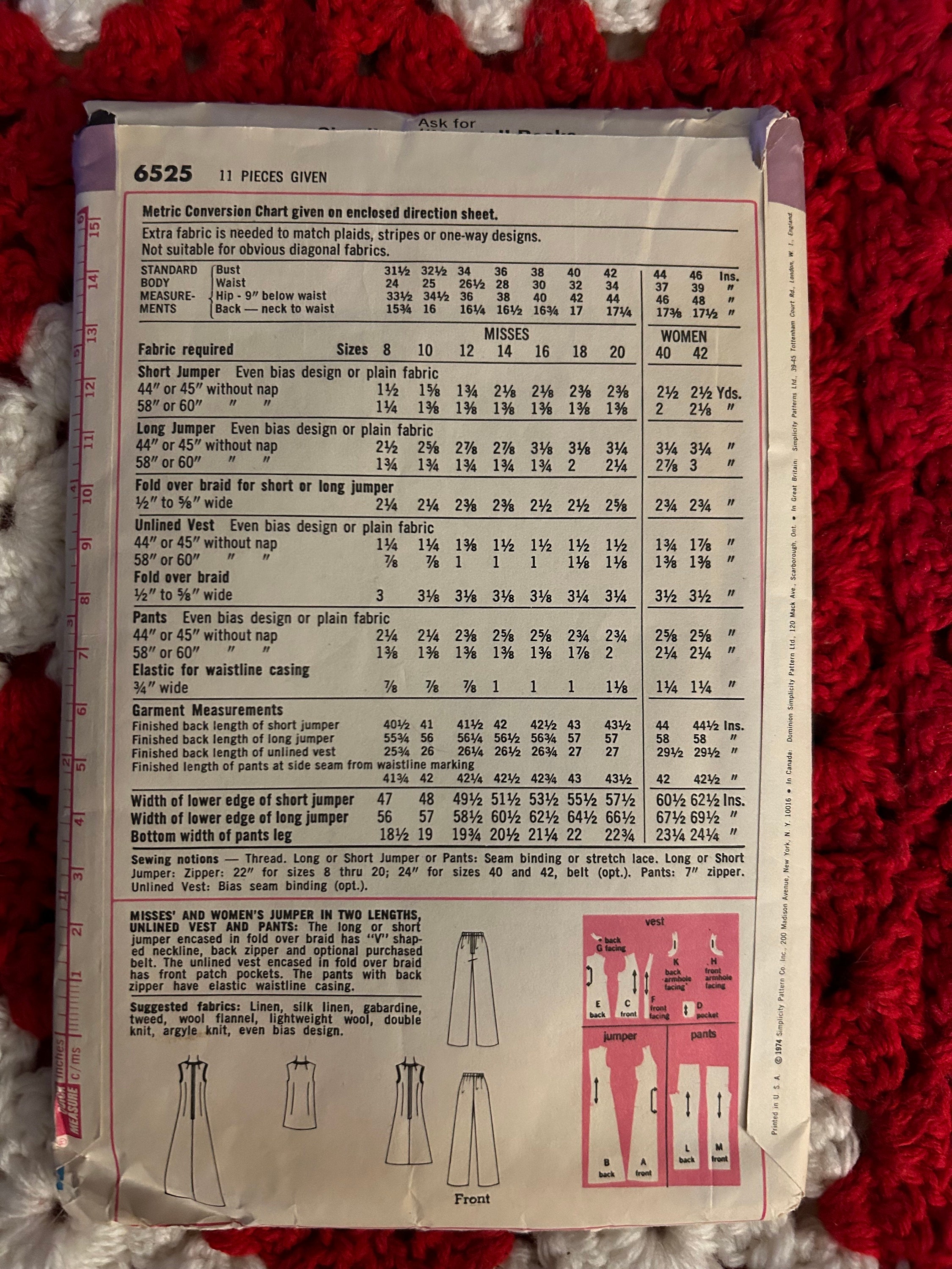 Vintage 1974 Simplicity Sewing Pattern 6525 Misses' Jumper in 2 Lengths ...