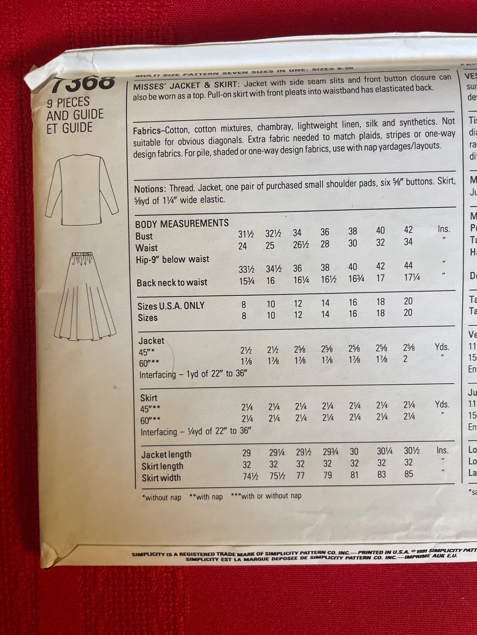 Vintage 1991 Simplicity Easy Pattern 7368 Misses' Collarless Jacket ...