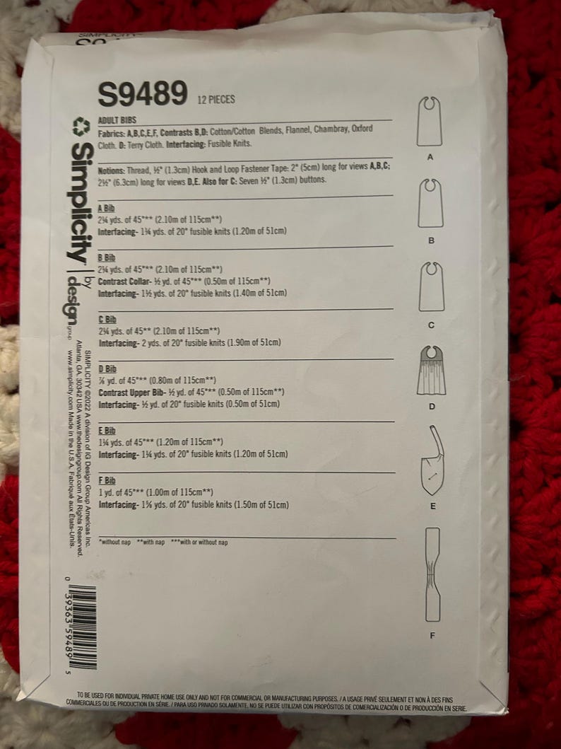 2022 Simplicity Easy Sewing Pattern S9489 Adaptive Adult Bibs Size 14 ...