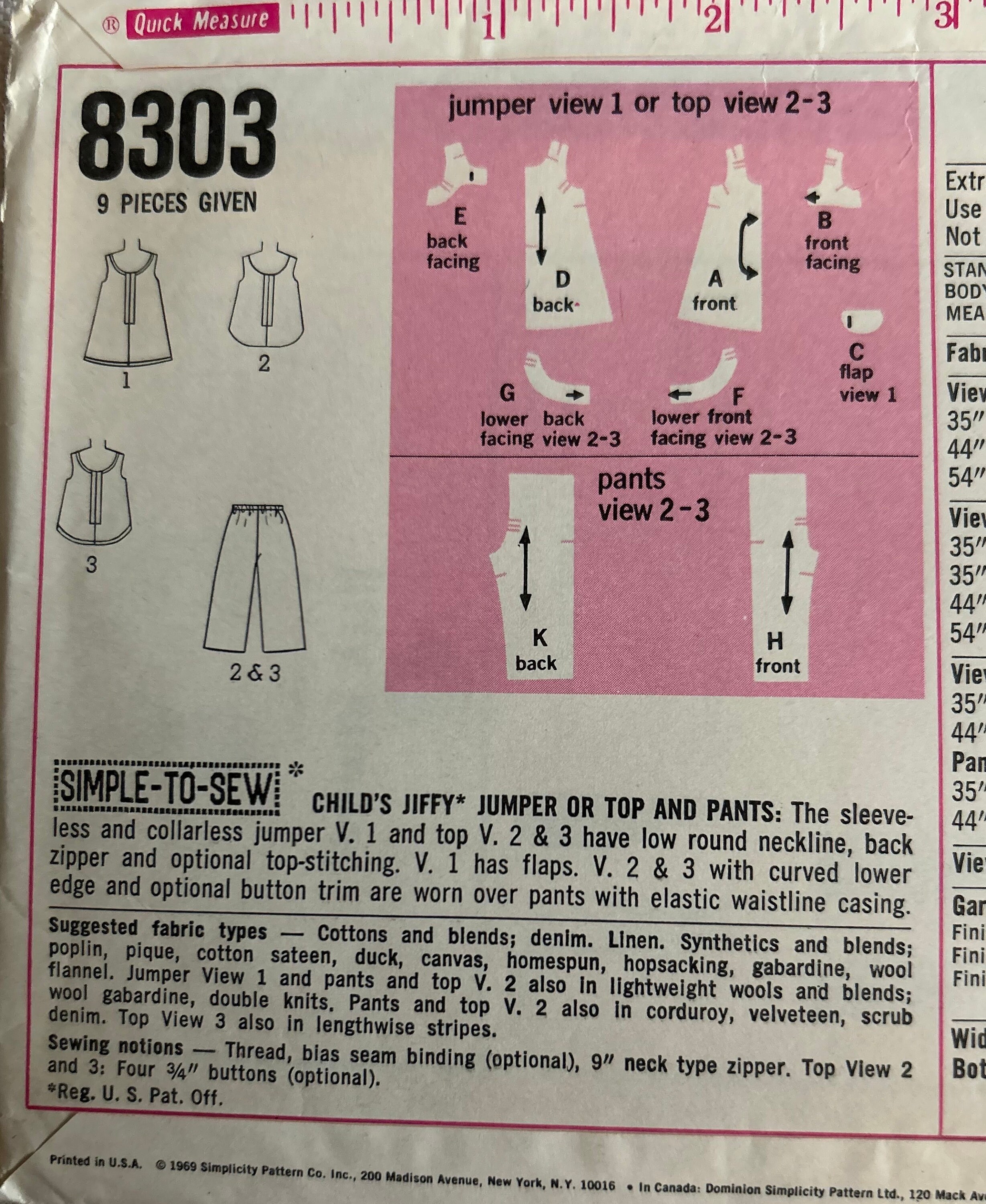 Vintage 1969 Simplicity Sewing Pattern 8303 Toddler's Jiffy Jumper or ...