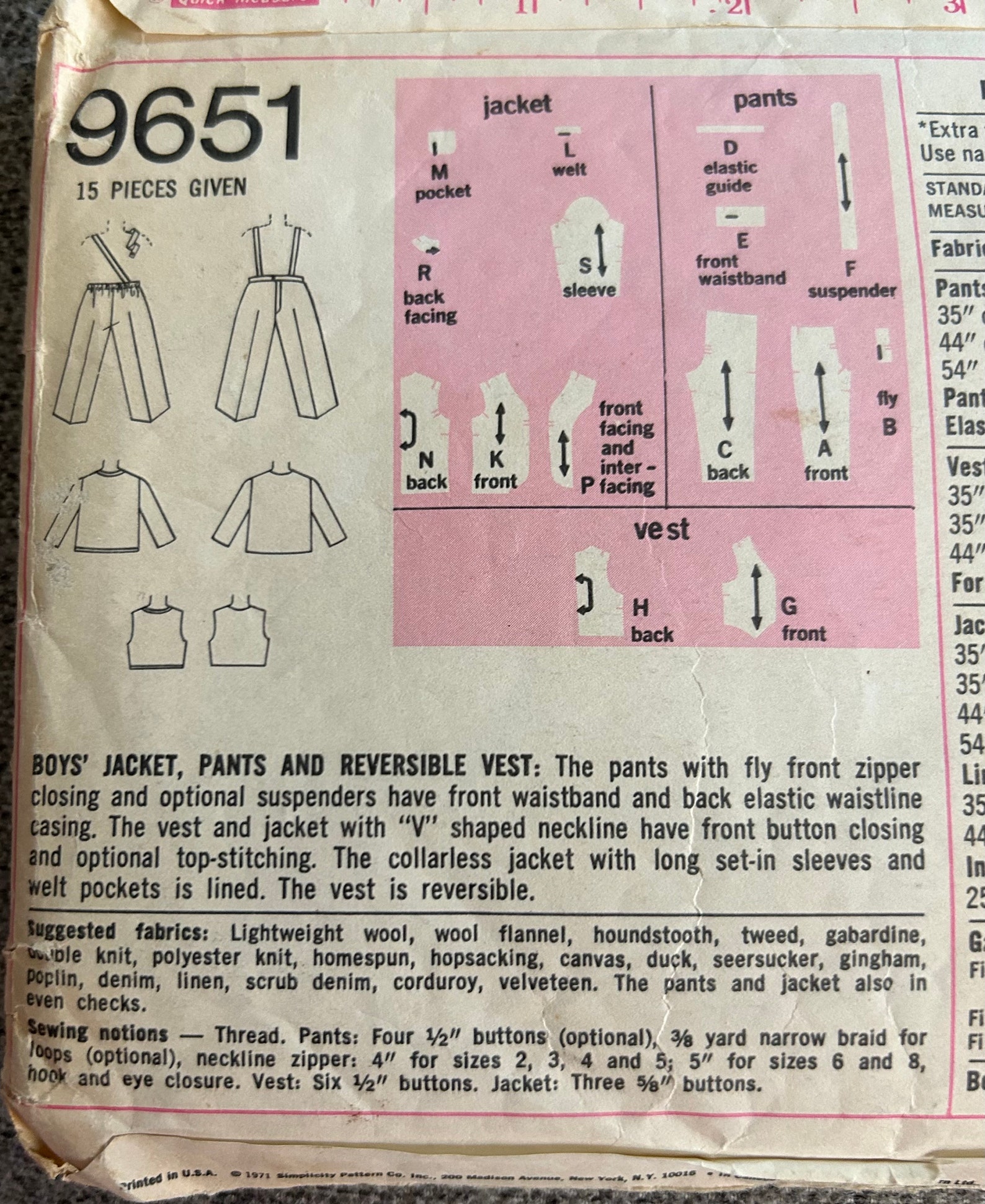 Vintage 1971 Simplicity Sewing Pattern 9651 Boys Jacket, Pants and ...