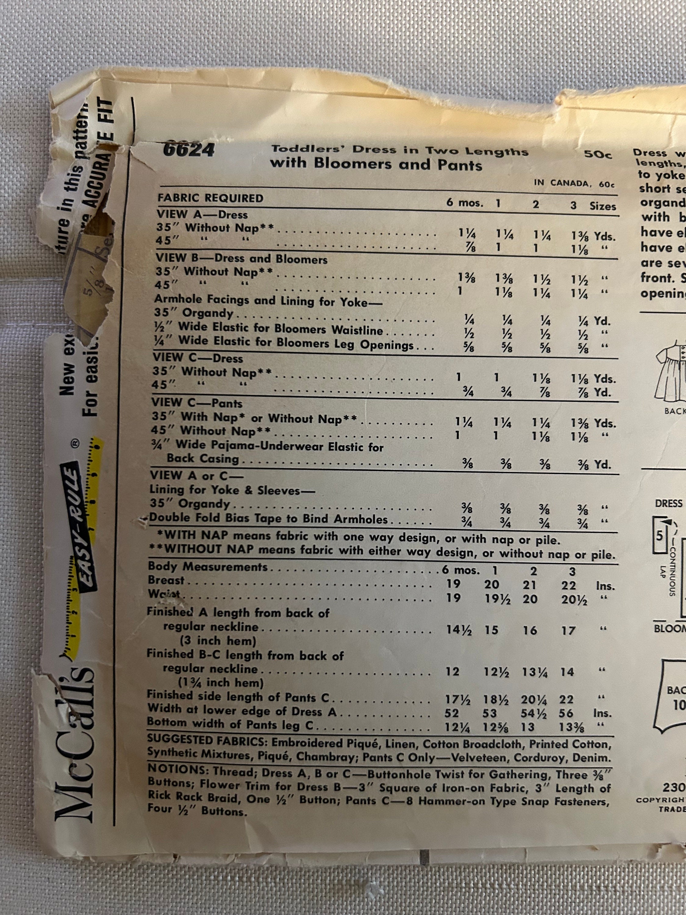 Vintage 1962 Mccall’s Sewing Pattern 6624 Baby Dress in 2 Lengths With ...