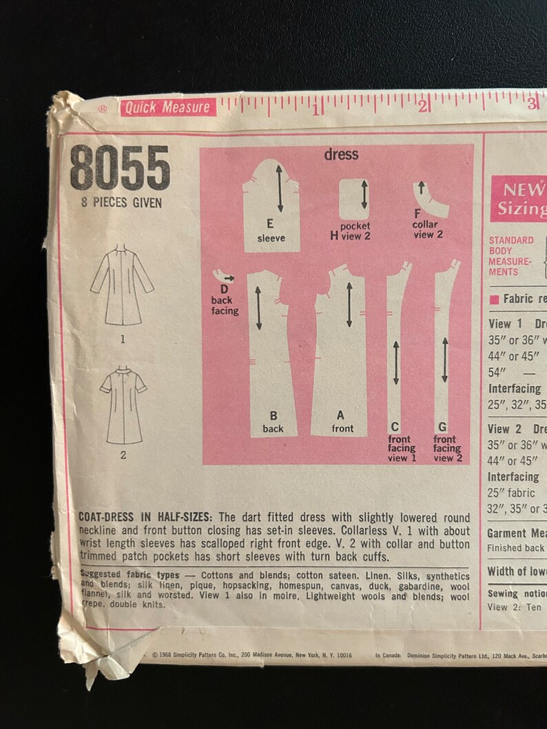 Vintage 1968 Simplicity Sewing Pattern 8055 Coat-dress in Half Sizes ...