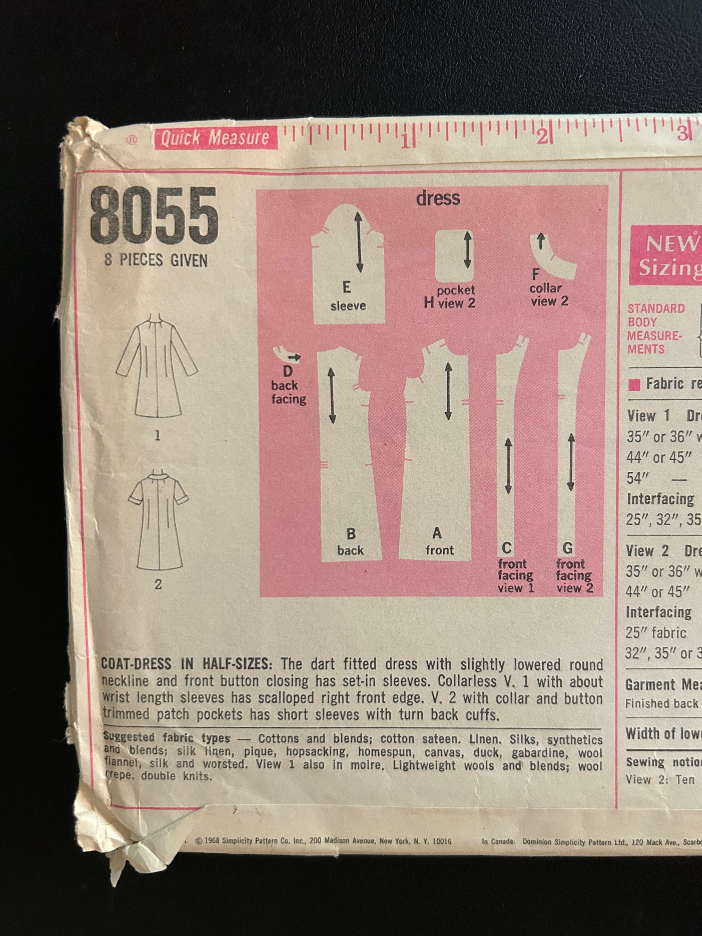 Vintage 1968 Simplicity Sewing Pattern 8055 Coat-dress in Half Sizes ...