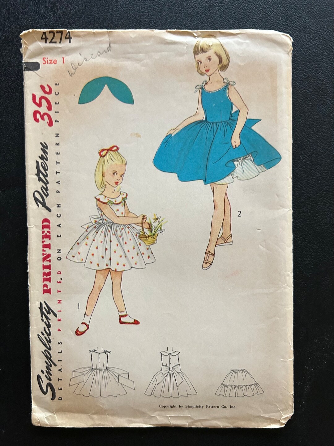 Vintage 1950's Simplicity Sewing Pattern 4274 Child's One-piece Dress ...